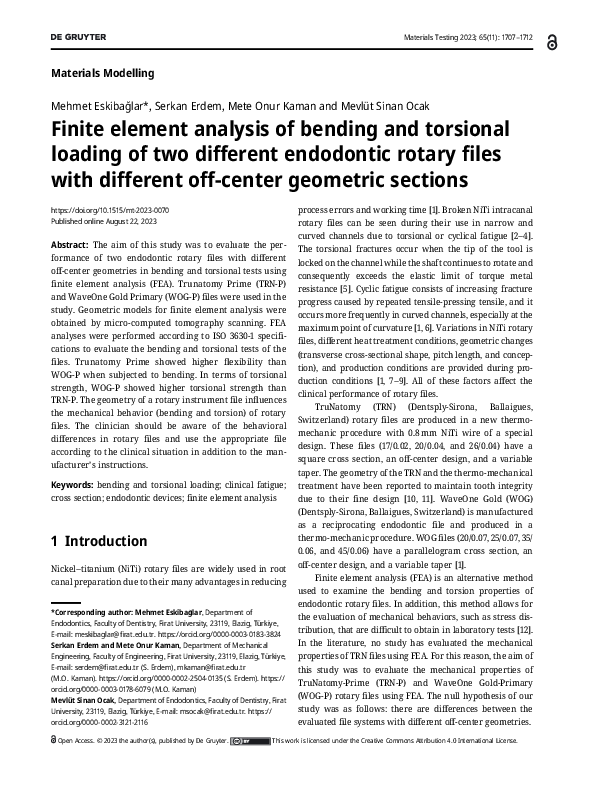 (PDF) Finite element analysis of bending and torsional loading of two different endodontic ...