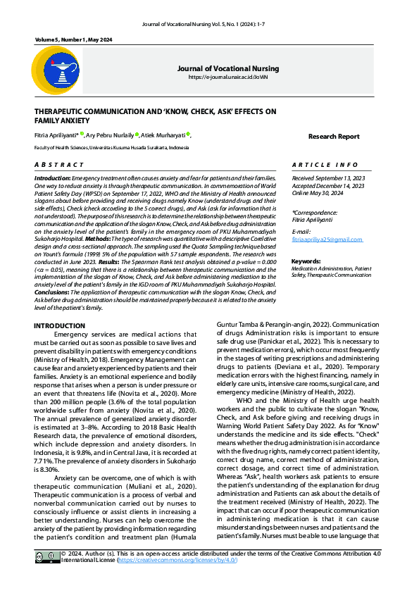 (PDF) THERAPEUTIC COMMUNICATION AND 'KNOW, CHECK, ASK' EFFECTS ON ...