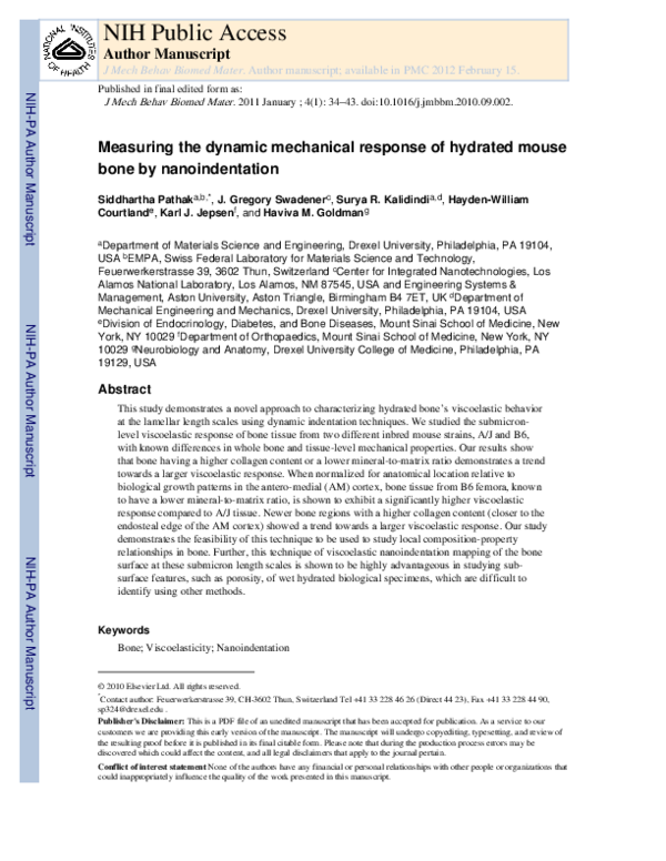(PDF) Measuring the dynamic mechanical response of hydrated mouse bone ...