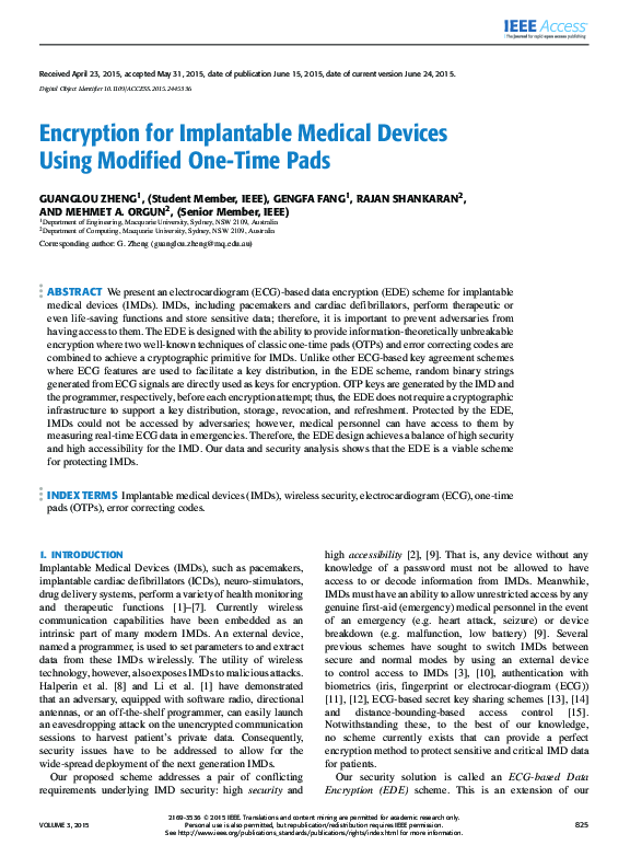 (PDF) Encryption for Implantable Medical Devices Using Modified One ...