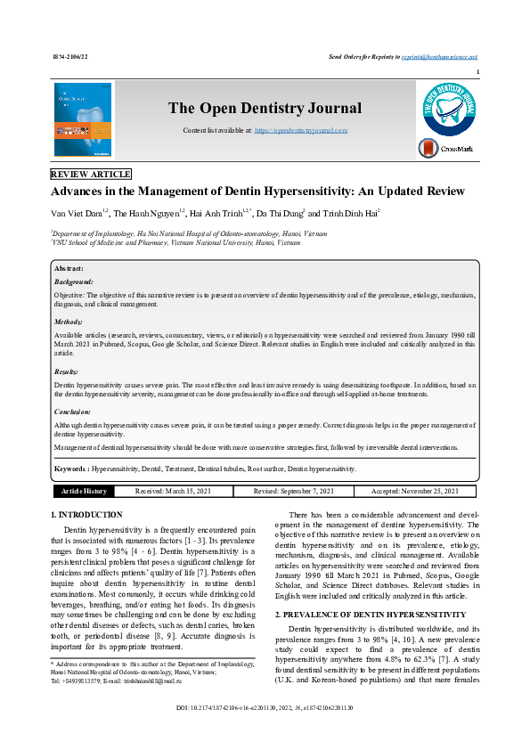 (PDF) Advances in the Management of Dentin Hypersensitivity: An Updated Review