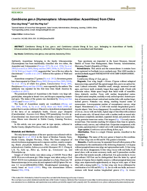 (PDF) Combivena gen.n (Hymenoptera: Ichneumonidae: Acaenitinae) from China