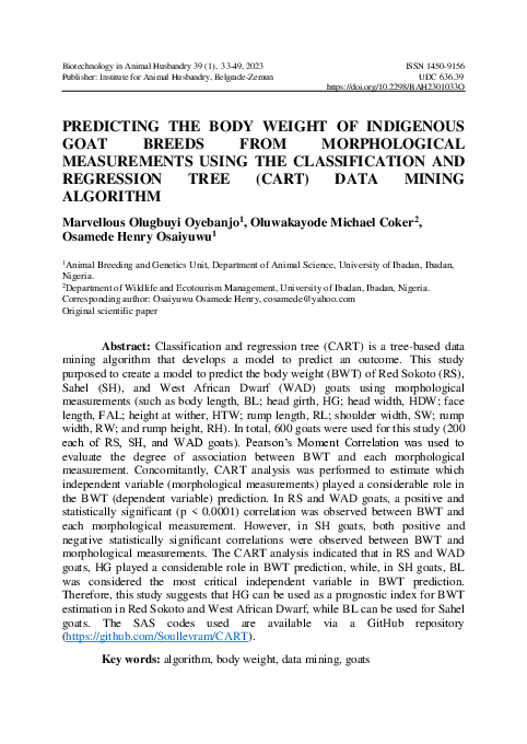 (PDF) Predicting the body weight of indigenous goat breeds from morphological measurements using ...