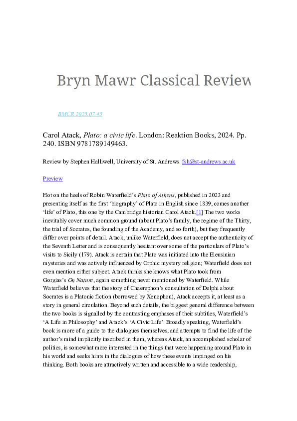 (PDF) Book review of C. Atack, Plato A Civic Life (Reaktion Books, 2024)