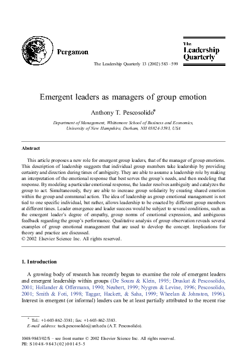 (PDF) Emergent leaders as managers of group emotion
