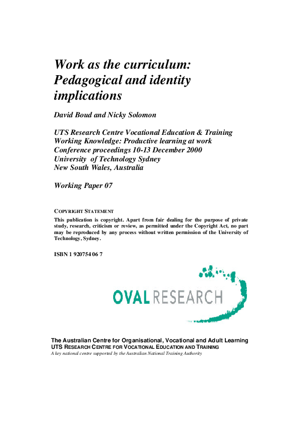 (PDF) Work as the curriculum: pedagogical and identity implications