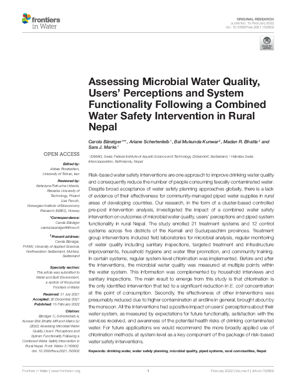(PDF) Assessing Microbial Water Quality, Users' Perceptions and System ...