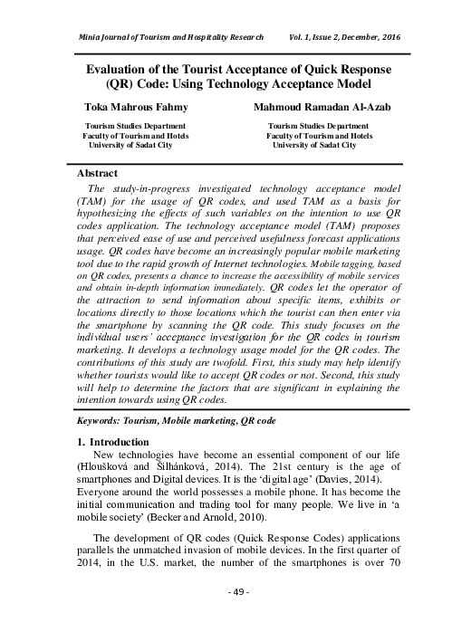 (PDF) Evaluation of the Tourist Acceptance of Quick Response (QR) Code: Using Technology ...