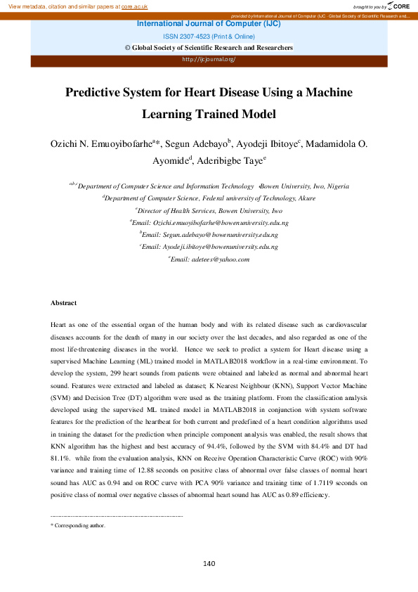(PDF) Predictive System for Heart Disease Using a Machine Learning ...