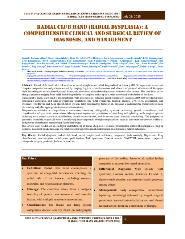 (PDF) Radial Club Hand (Radial Dysplasia): A Comprehensive Clinical and ...