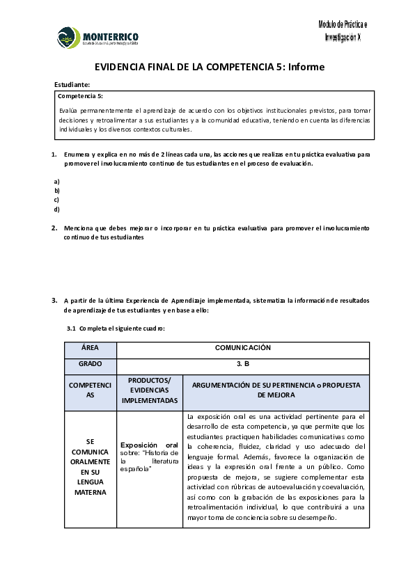(PDF) EVIDENCIA FINAL DE LA COMPETENCIA 5: Informe