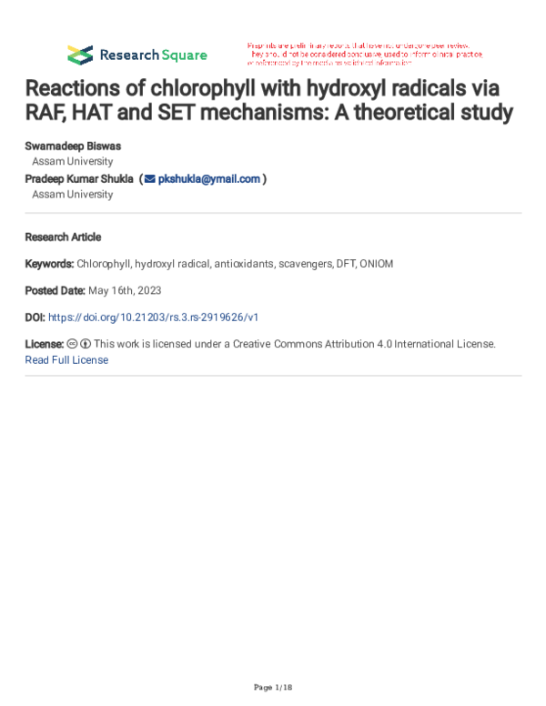 (PDF) Reactions of chlorophyll with hydroxyl radicals via RAF, HAT and ...