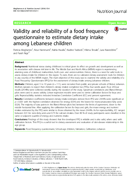 (PDF) Validity and reliability of a food frequency questionnaire to ...