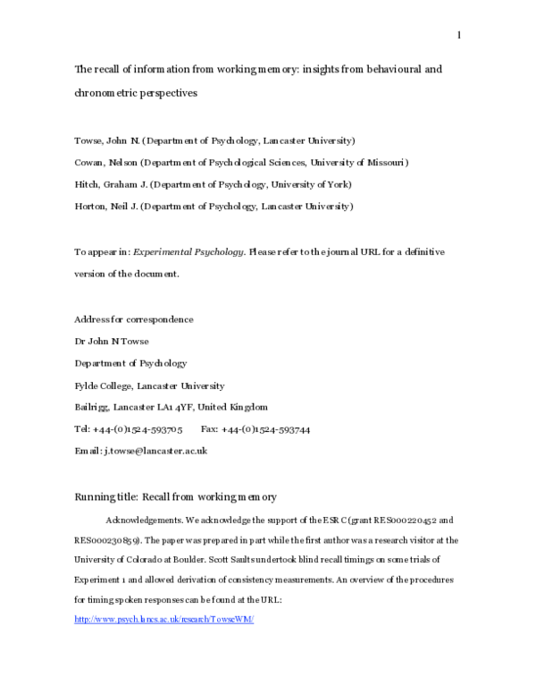 (PDF) The Recall of Information from Working Memory