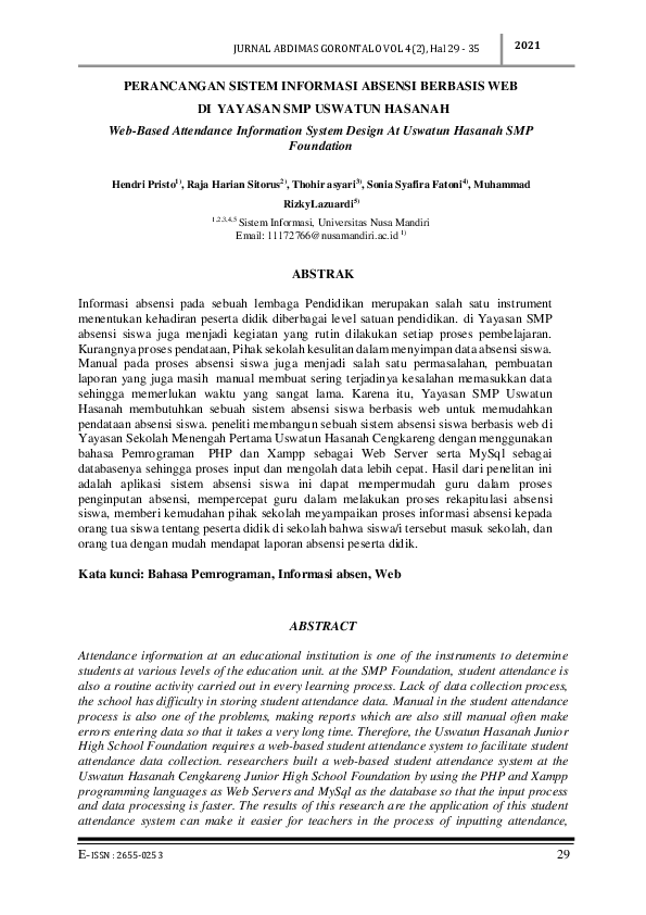 (PDF) Perancangan Sistem Informasi Absensi Berbasis Web di Yayasan SMP Uswatun Hasanah