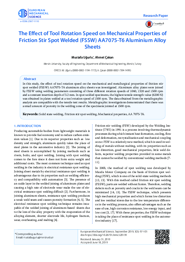 (PDF) The Effect of Tool Rotation Speed on Mechanical Properties of Friction Stir Spot Welded ...