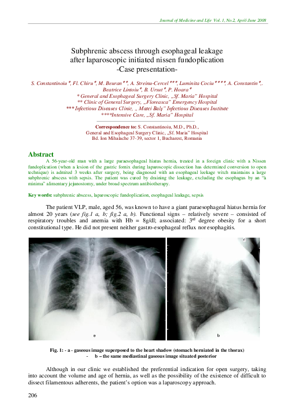(PDF) Subphrenic abscess through esophageal leakage after laparoscopic ...