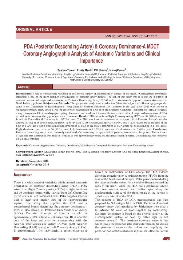(PDF) PDA (Posterior Descending Artery) Coronary Dominance-A MDCT ...