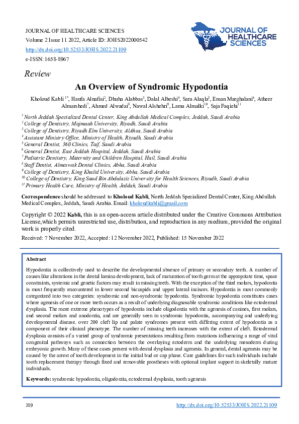 (PDF) An Overview of Syndromic Hypodontia