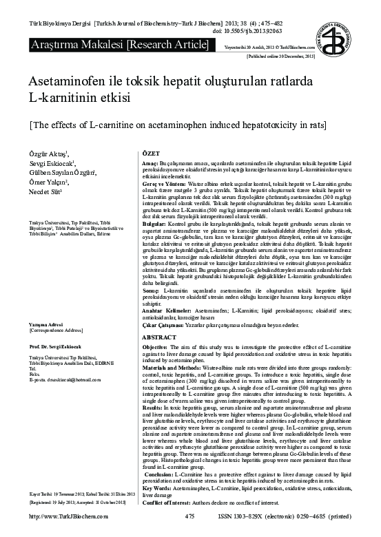 (PDF) Asetaminofen ile toksik hepatit oluşturulan ratlarda L-karnitinin ...