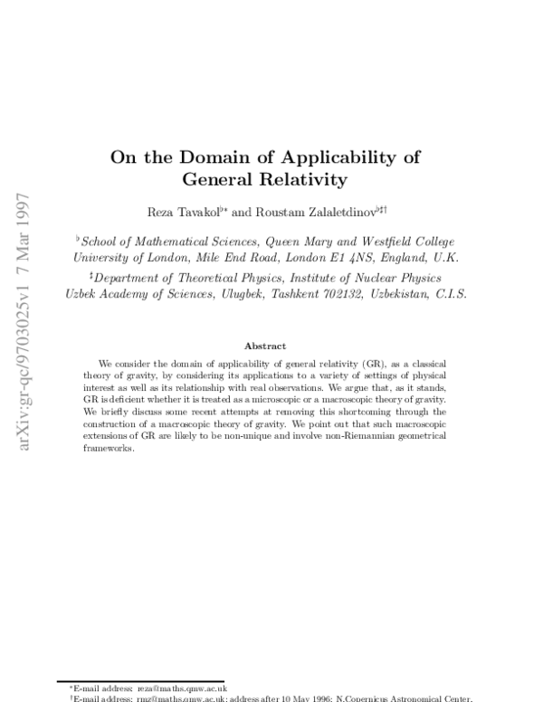(PDF) On the Domain of Applicability of General Relativity