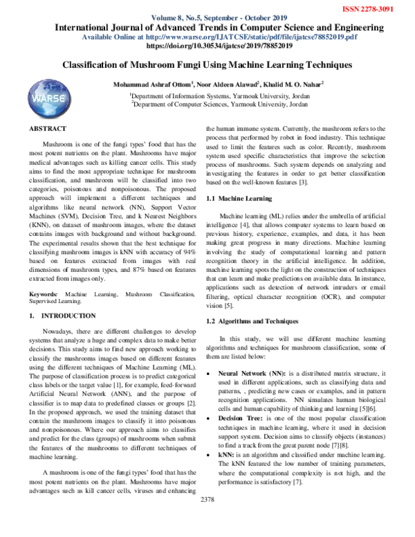 (PDF) Classification of Mushroom Fungi Using Machine Learning Techniques