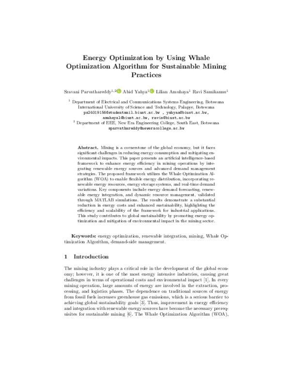 (PDF) Energy Optimization by Using Whale Optimization Algorithm for Sustainable Mining Practices