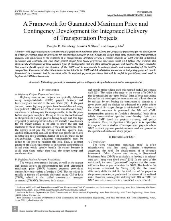 (PDF) A Framework for Guaranteed Maximum Price and Contingency ...