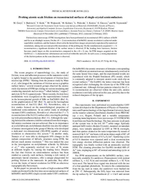 (PDF) Probing atomic-scale friction on reconstructed surfaces of single-crystal semiconductors