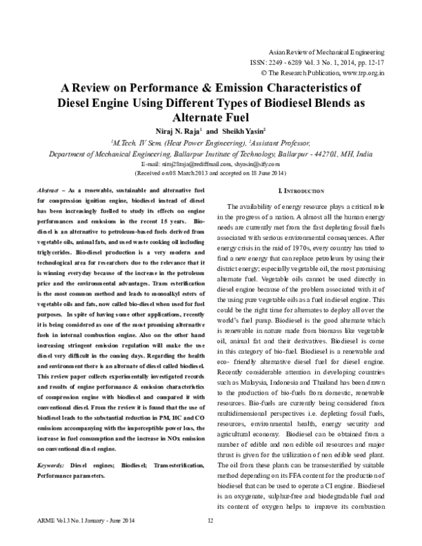 Pdf A Review On Performance And Emission Characteristics Of Diesel Engine Using Different Types