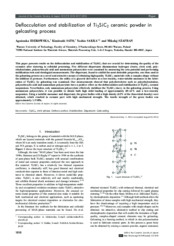 (PDF) Deflocculation and stabilization of Ti 3 SiC 2 ceramic powder in ...