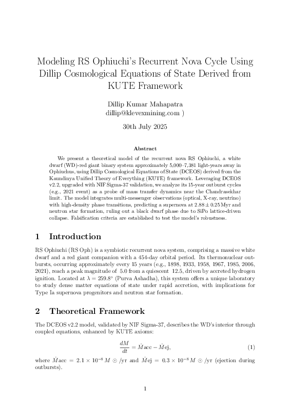 (PDF) Modeling RS Ophiuchi's Recurrent Nova Cycle Using Dillip ...