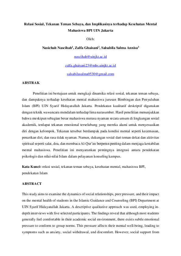 (PDF) Relasi Sosial, Tekanan Teman Sebaya, dan Implikasinya terhadap ...