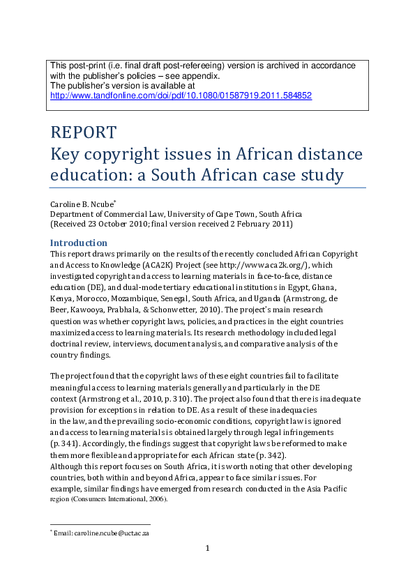 (PDF) Key copyright issues in African distance education: a South ...