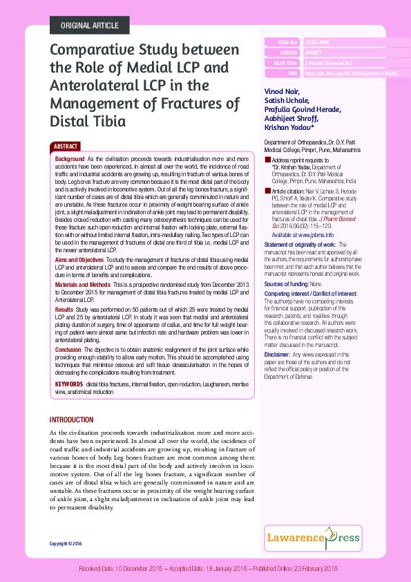 (PDF) Comparative Study between the Role of Medial LCP and Anterolateral LCP in the Management ...