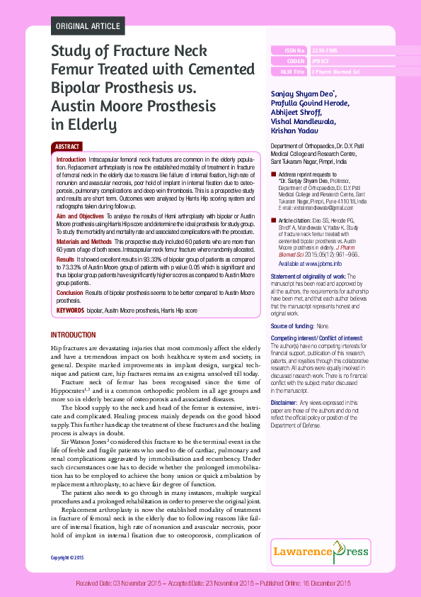 (PDF) Study of Fracture Neck Femur Treated with Cemented Bipolar ...