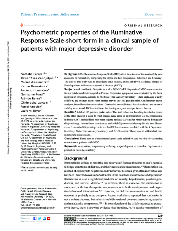 (PDF) Psychometric properties of the Ruminative Response Scale-short ...