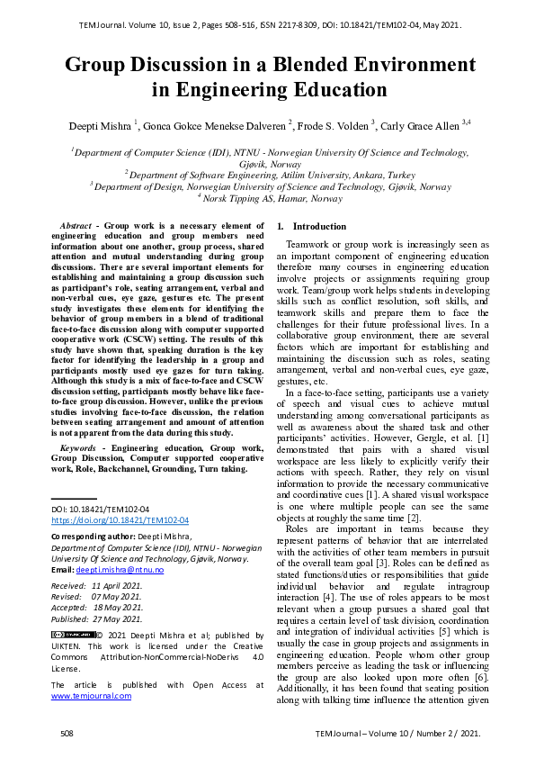 (PDF) Group Discussion in a Blended Environment in Engineering Education