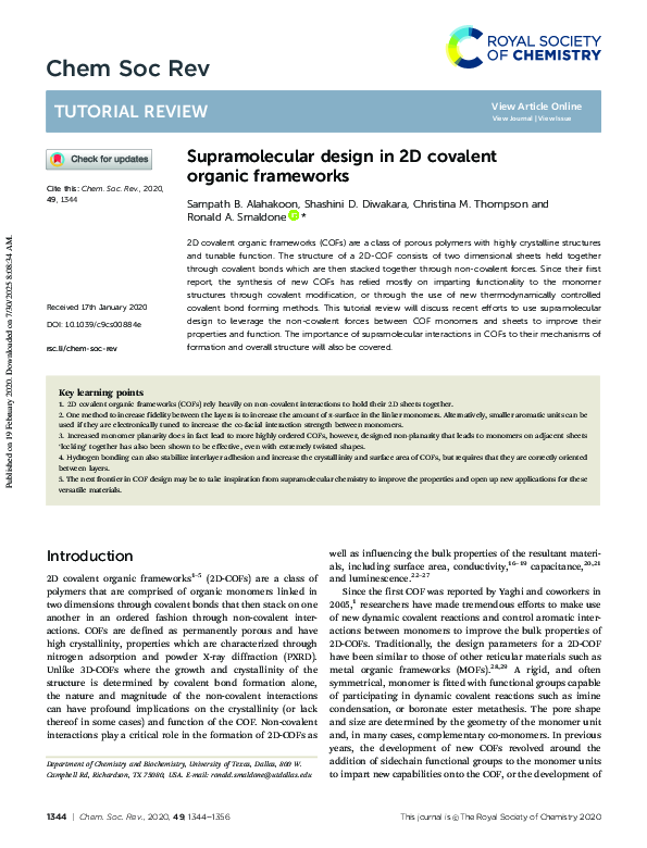 (PDF) Supramolecular design in 2D covalent organic frameworks