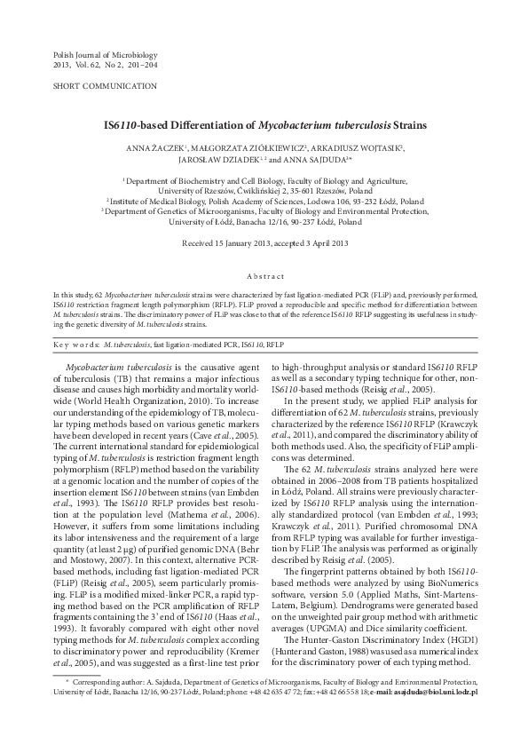(PDF) IS6110-based Differentiation of Mycobacterium tuberculosis Strains