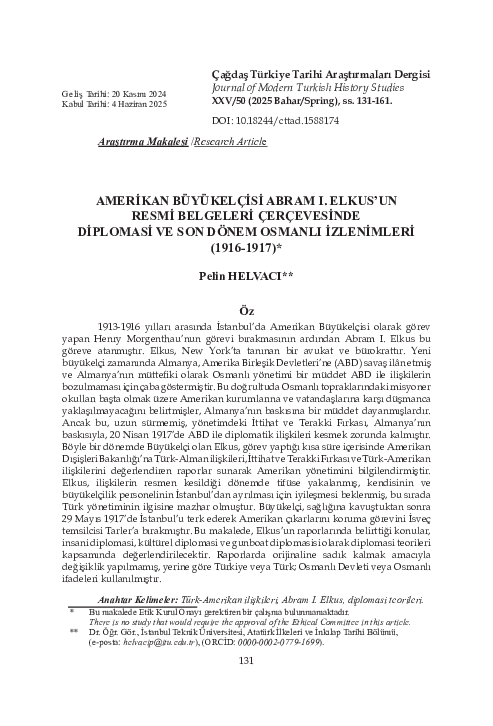 (PDF) AMERİKAN BÜYÜKELÇİSİ ABRAM I. ELKUS'UN RESMİ BELGELERİ ...