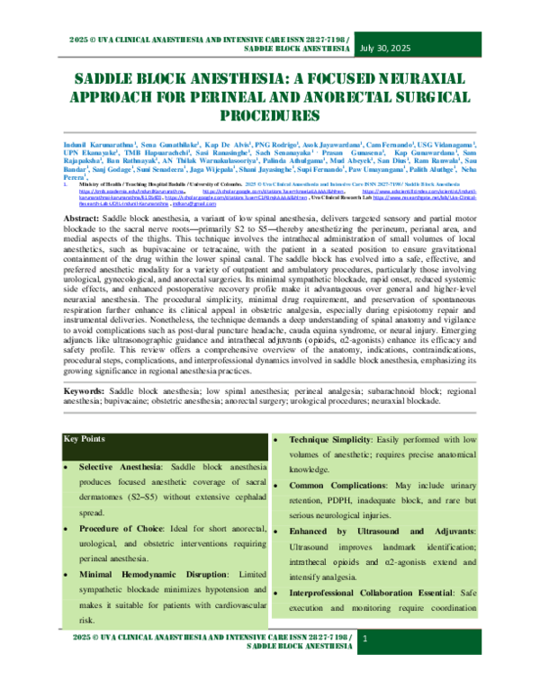 (PDF) Saddle Block Anesthesia: A Focused Neuraxial Approach for ...