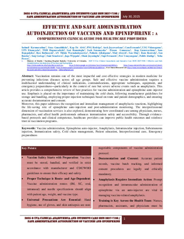 (PDF) Effective and Safe Administration Autoinjection of Vaccines and Epinephrine