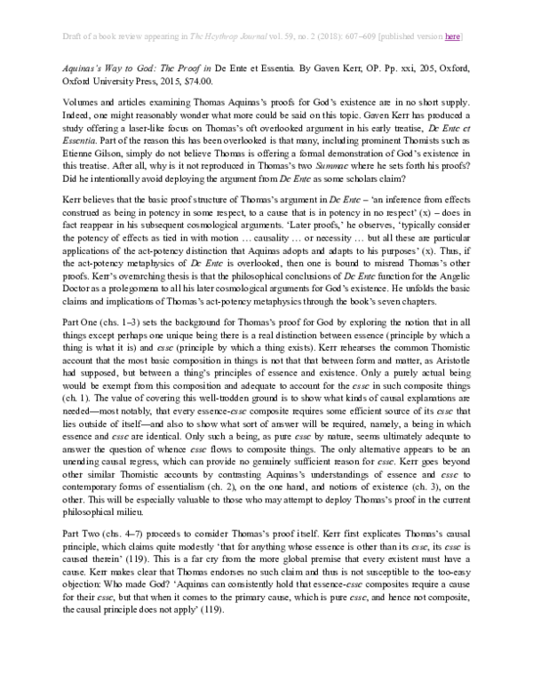 (PDF) Aquinas's Way to God: The Proof in De Ente et Essentia. By Gaven ...