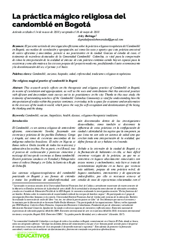 (PDF) La práctica mágico religiosa del candomblé en Bogotá
