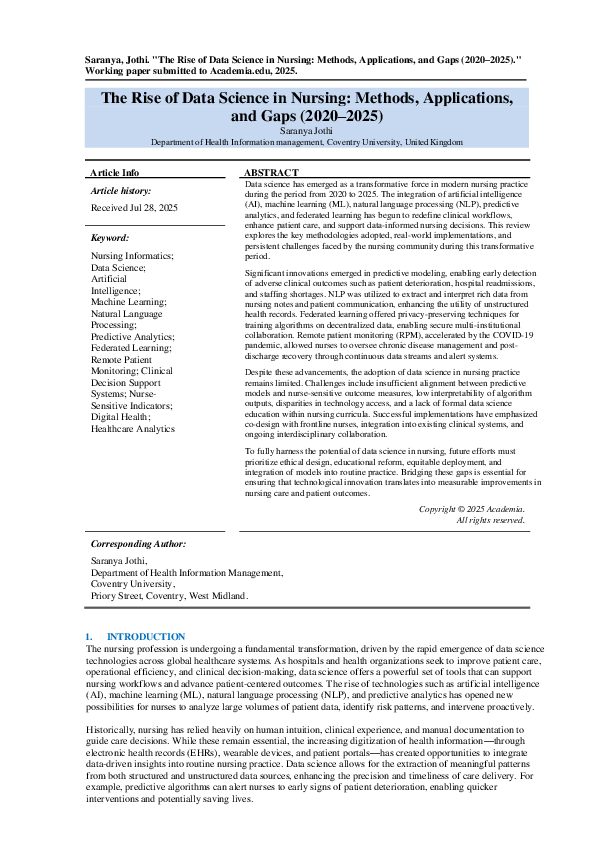 (PDF) The Rise of Data Science in Nursing: Methods, Applications, and ...