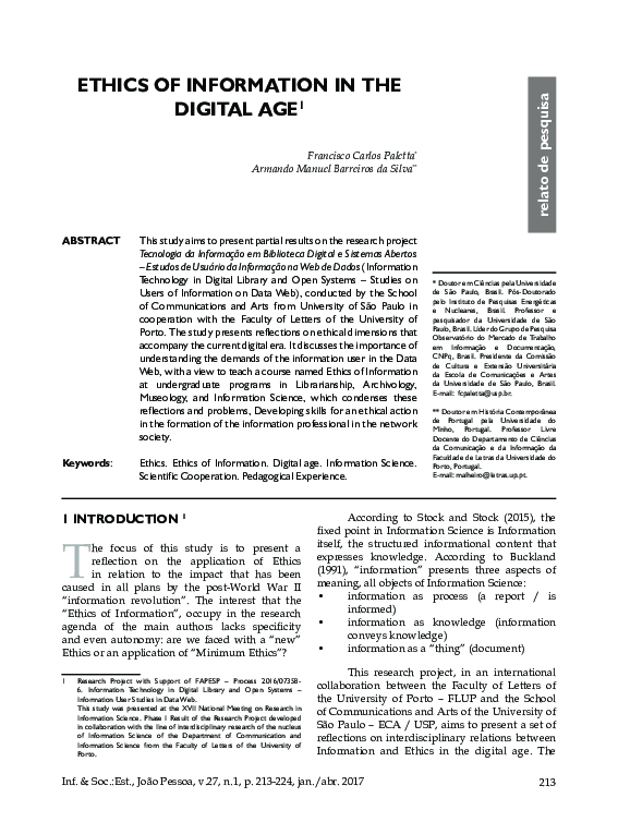 (PDF) Ethics of information in the digital AGE