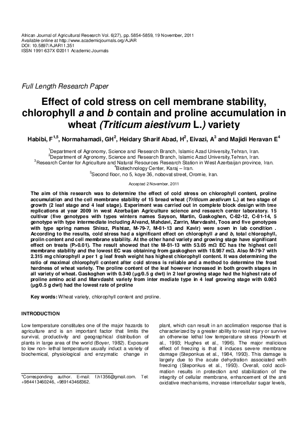 (PDF) Effect of cold stress on cell membrane stability, chlorophyll a ...