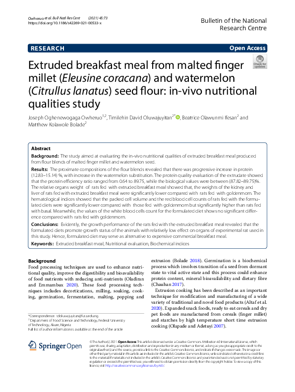 (PDF) Extruded breakfast meal from malted finger millet (Eleusine ...