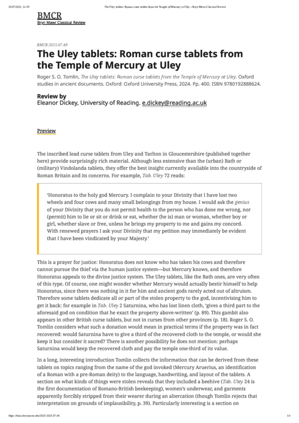 (PDF) Review of R.S.O. Tomlin, The Uley tablets: Roman curse tablets ...